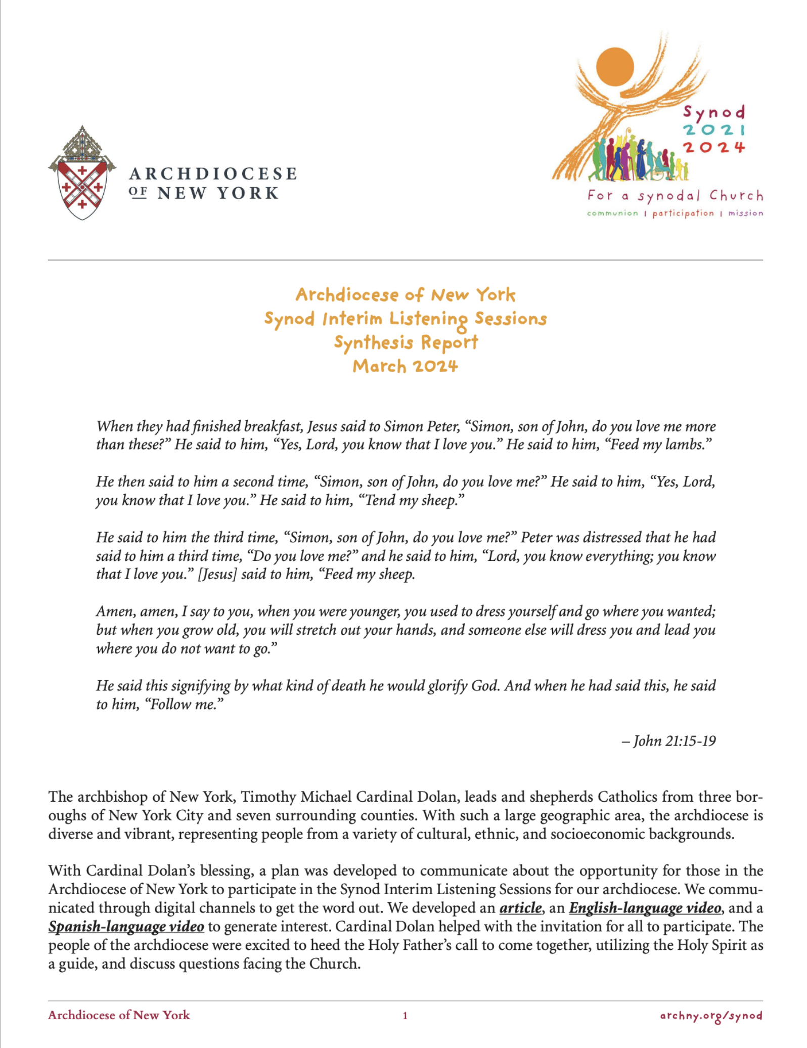 Archdiocese of New York Synod Interim Listening Sessions Synthesis ...